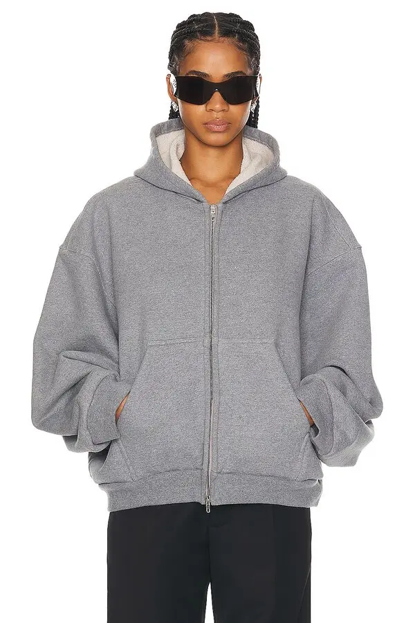 Balenciaga Boxy Zip Up Hoodie In Grey - Heather Grey & White